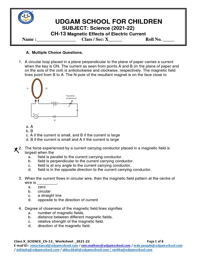 Science - CH 13 Magnetic Effects of Electric Current - Worksheet | PDF ...