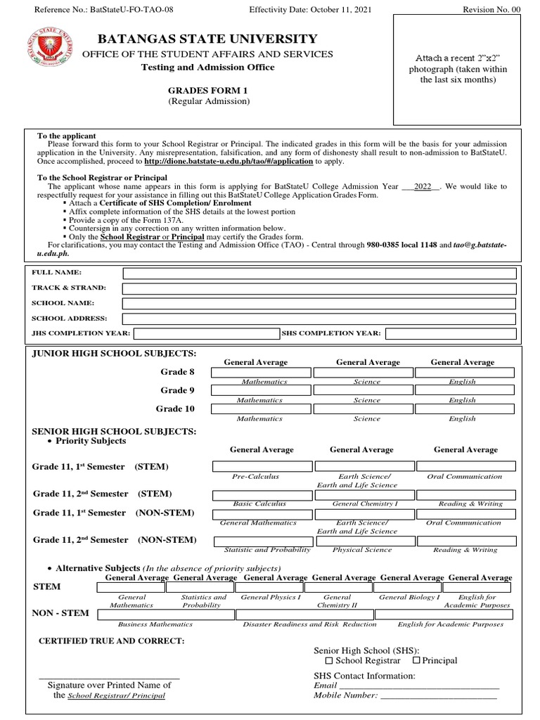 BatStateU FO TAO 08 Grades Form 1 Regular Admission Rev. 00 | PDF ...