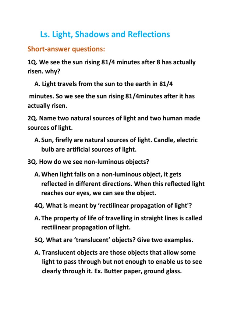 Ls 12 Light, Shadows and Reflections Questions and Answers | PDF ...