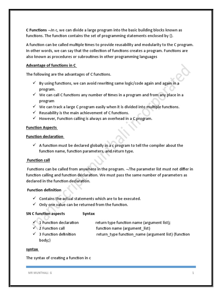 C Functions in C, We Can Divide A Large Program Into The Basic Building Blocks Known As | PDF ...