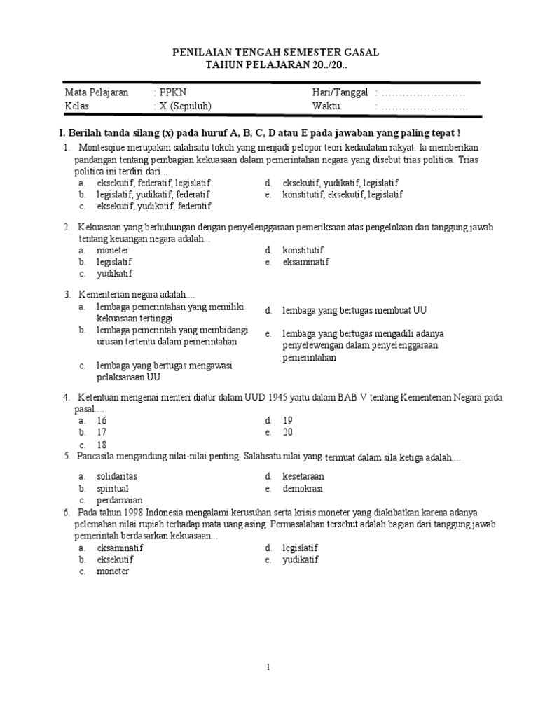 Soal PTS PPKN Kelas X Ganjil | PDF | Politik