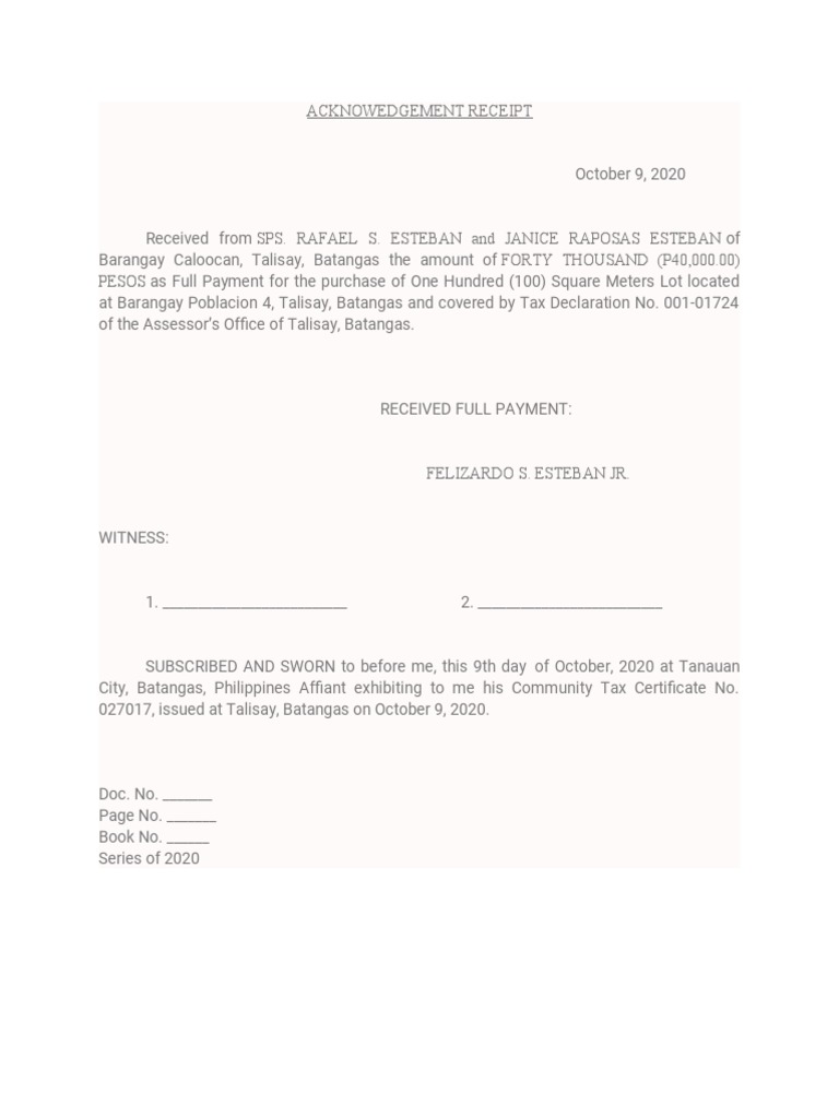 Acknowledgement Receipt (Sample) Notarized | PDF