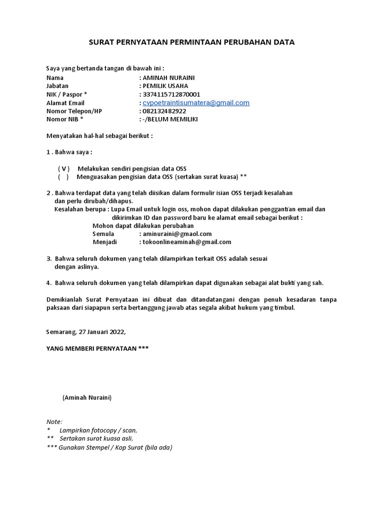 Surat Pernyataan Permintaan Perubahan Data | PDF