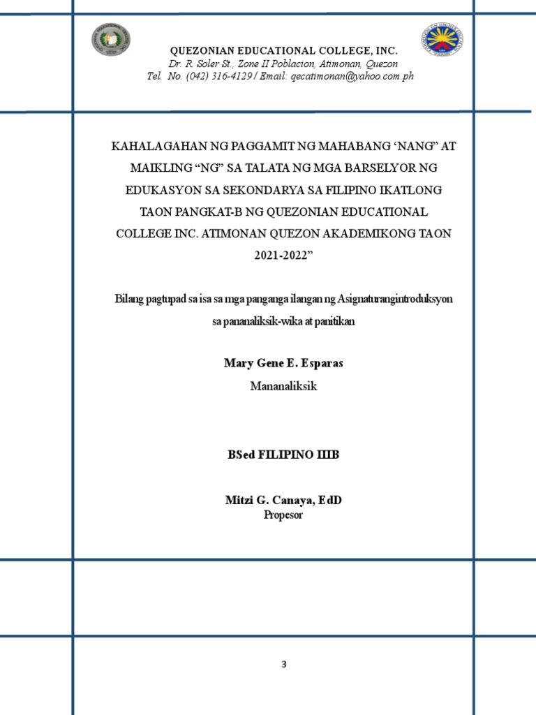 Intro. Sa Pananaliksik Template For Thesis | PDF