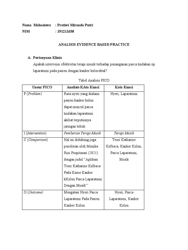Analisa Jurnal Dengan Format Pico Oleh Pratiwi Miranda Putri 191211638 | PDF