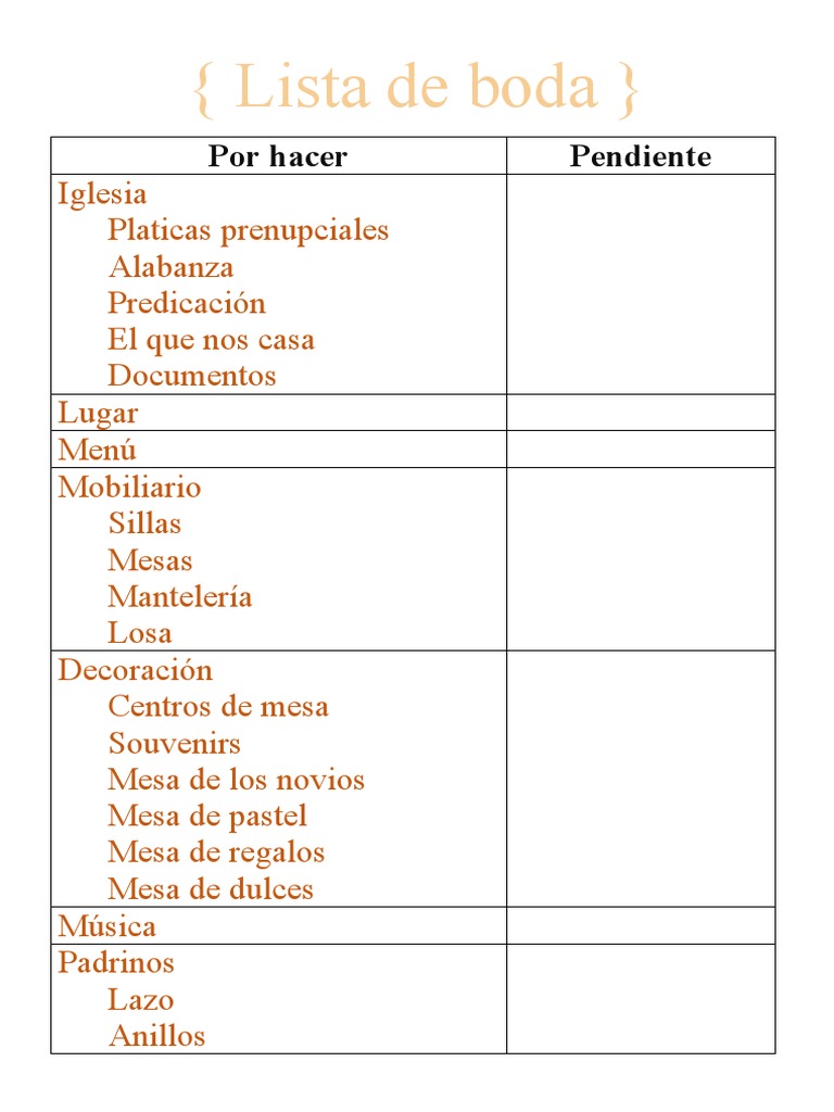 Lista De Verificación De Novia Para Imprimir