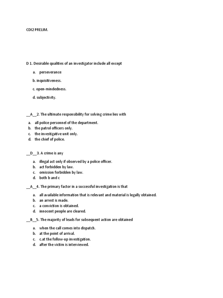 Cdi2 Prelim | PDF | Police | Crime Scene