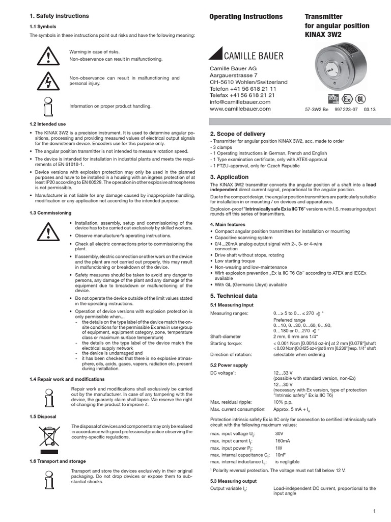Transmitter For Angular Position Kinax 3W2 Operating Instructions | PDF | Manufactured Goods ...