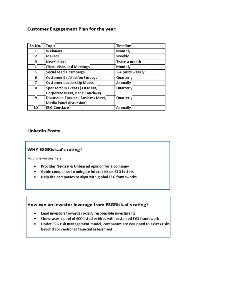 Customer Engagement Plan For The Year:: Sr. No. Topic Timeline | PDF ...