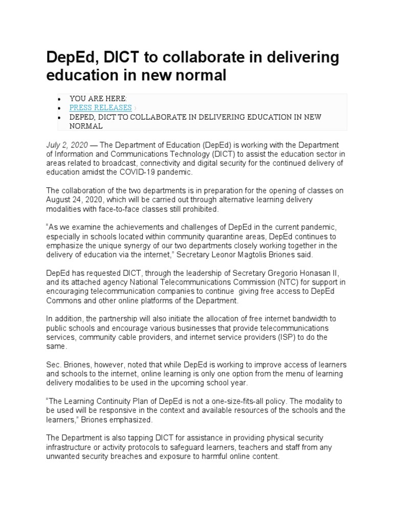 Deped, Dict To Collaborate in Delivering Education in New Normal | PDF ...