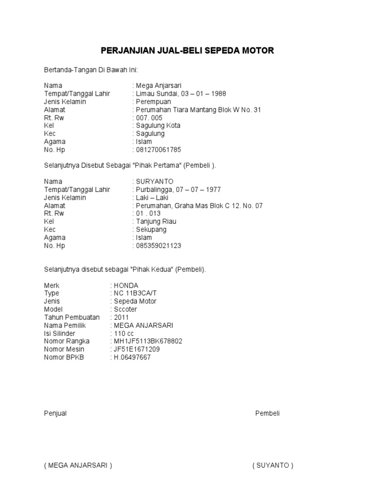 Surat Perjanjian Jual Beli Motor Simpel | PDF