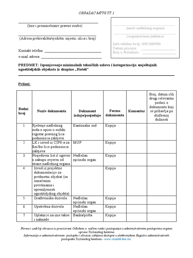 OBRAZAC MTTS - tt.1 - Zahtjev Za Ispunjavanje Min Teh Uvjeta I ...