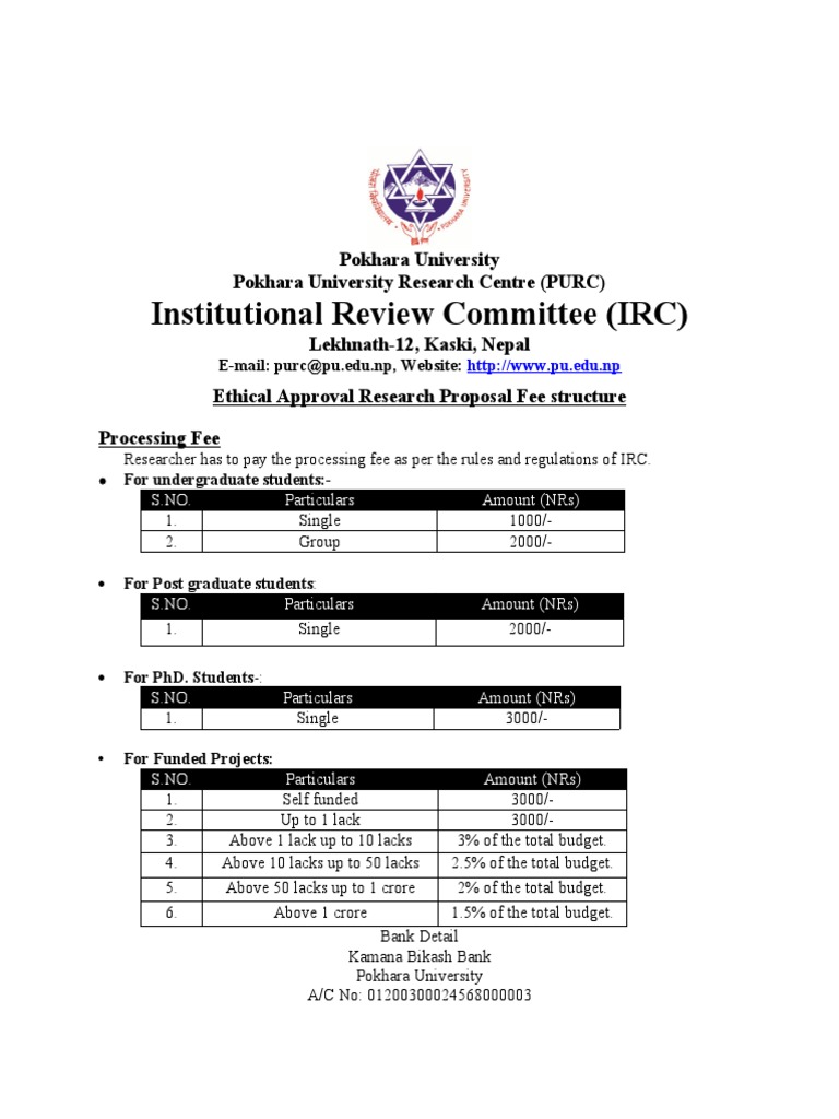 Ethical Approval Fee Structure and Acount No | PDF