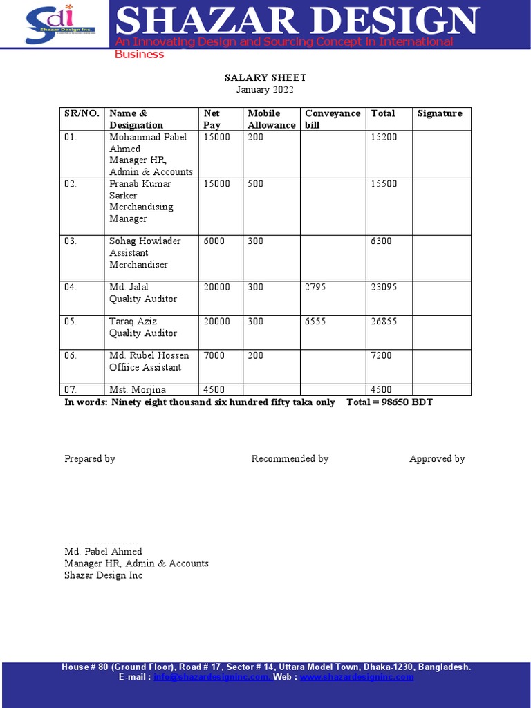 Salary Sheet SR/NO. Name & Designation Net Pay Mobile Allowance ...