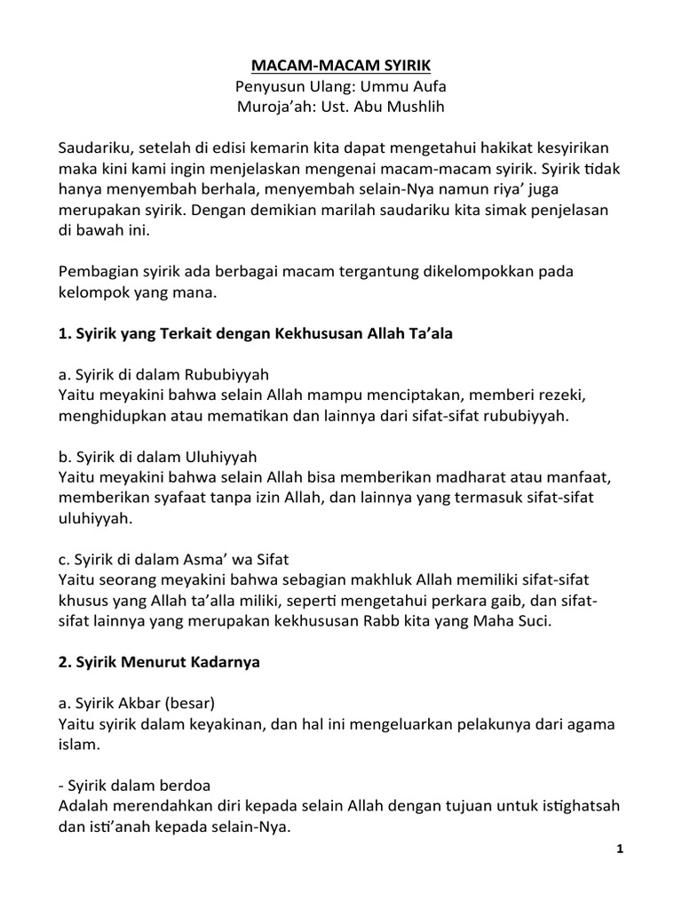 Jenis-jenis Syirik dalam Islam | PDF | Hukum | Agama & Spiritualitas