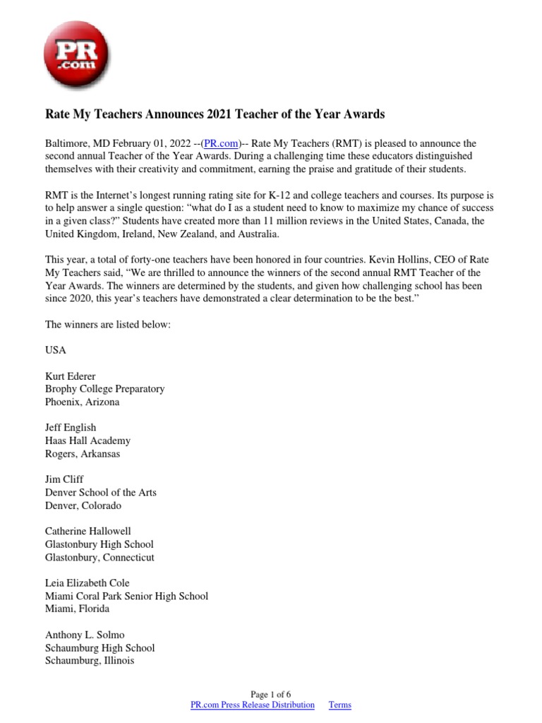 Rate My Teachers Announces 2021 Teacher of The Year Awards: Terms | PDF ...