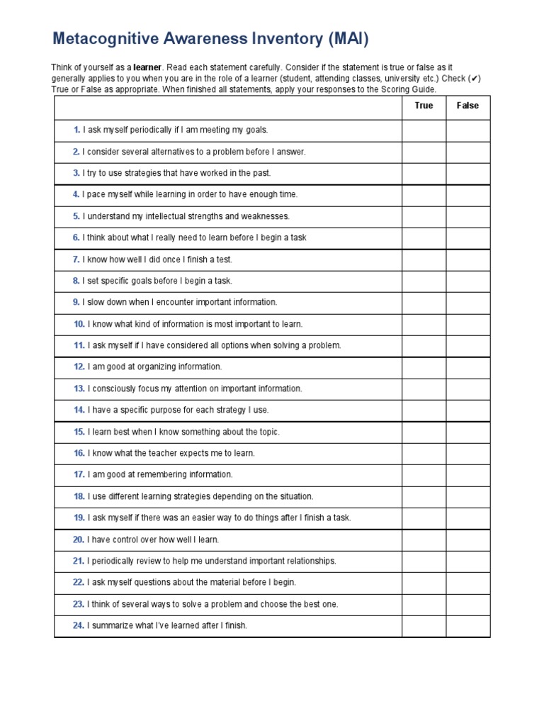 Metacognitive Awareness Inventory 1 | PDF | Metacognition | Reading ...