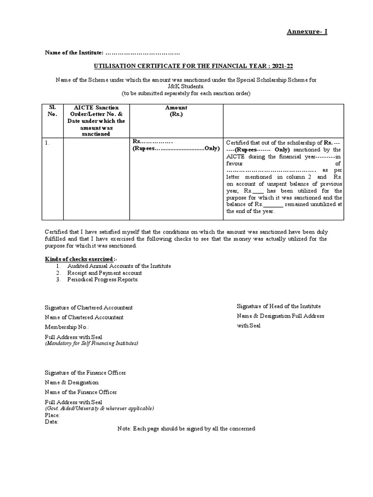 Utilization Certificate Format 2021-22 | PDF | Financial Services ...