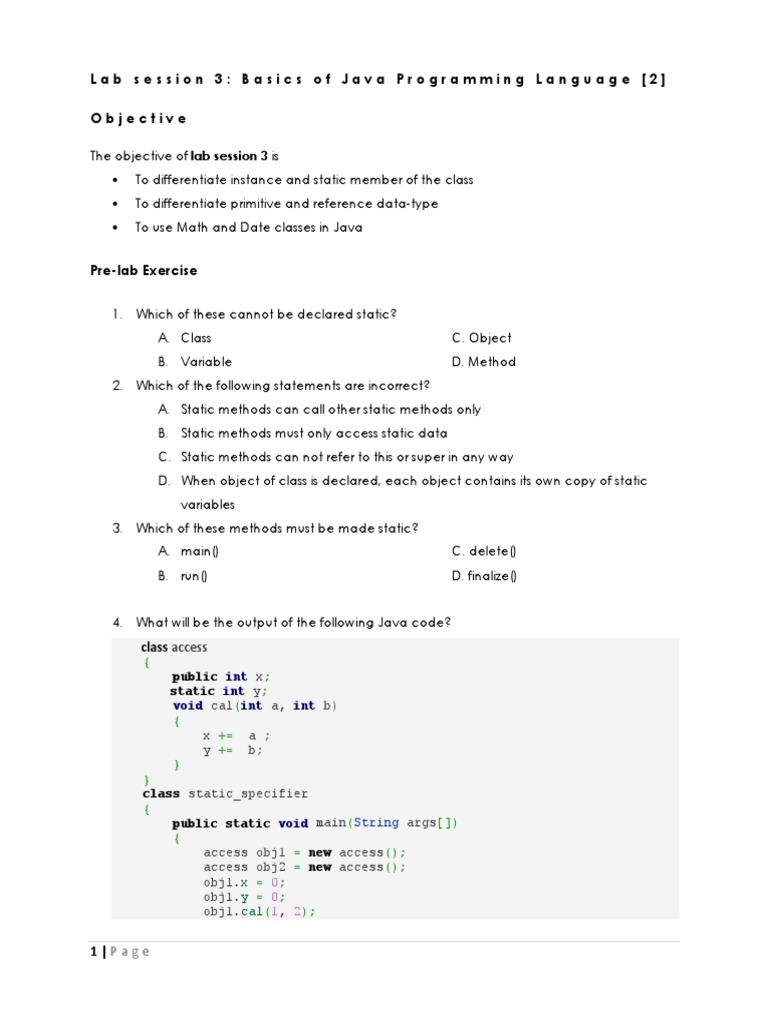 Lab Session 3 Basics Of Java Programming Language 2 Objective Pdf Method Computer