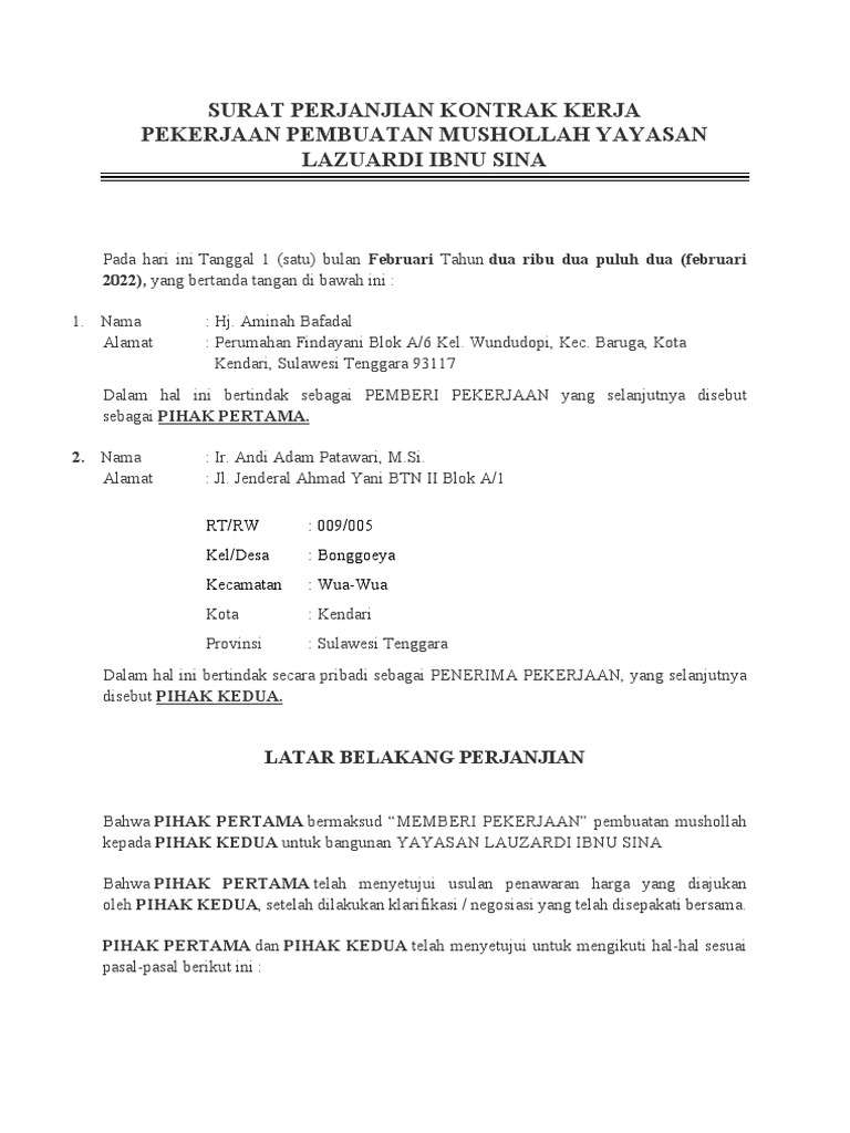 Surat Perjanjian Kontrak Kerja (Draft) | PDF