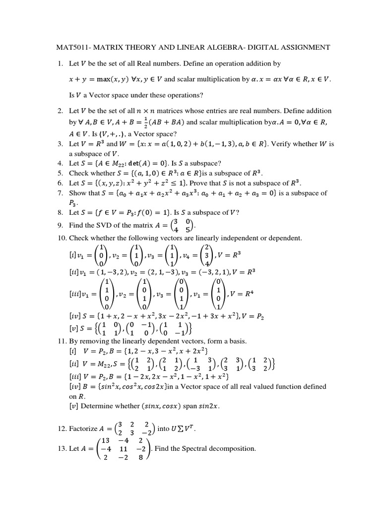 Matrix Theory Digital Assignment Guide | PDF | Linear Subspace ...