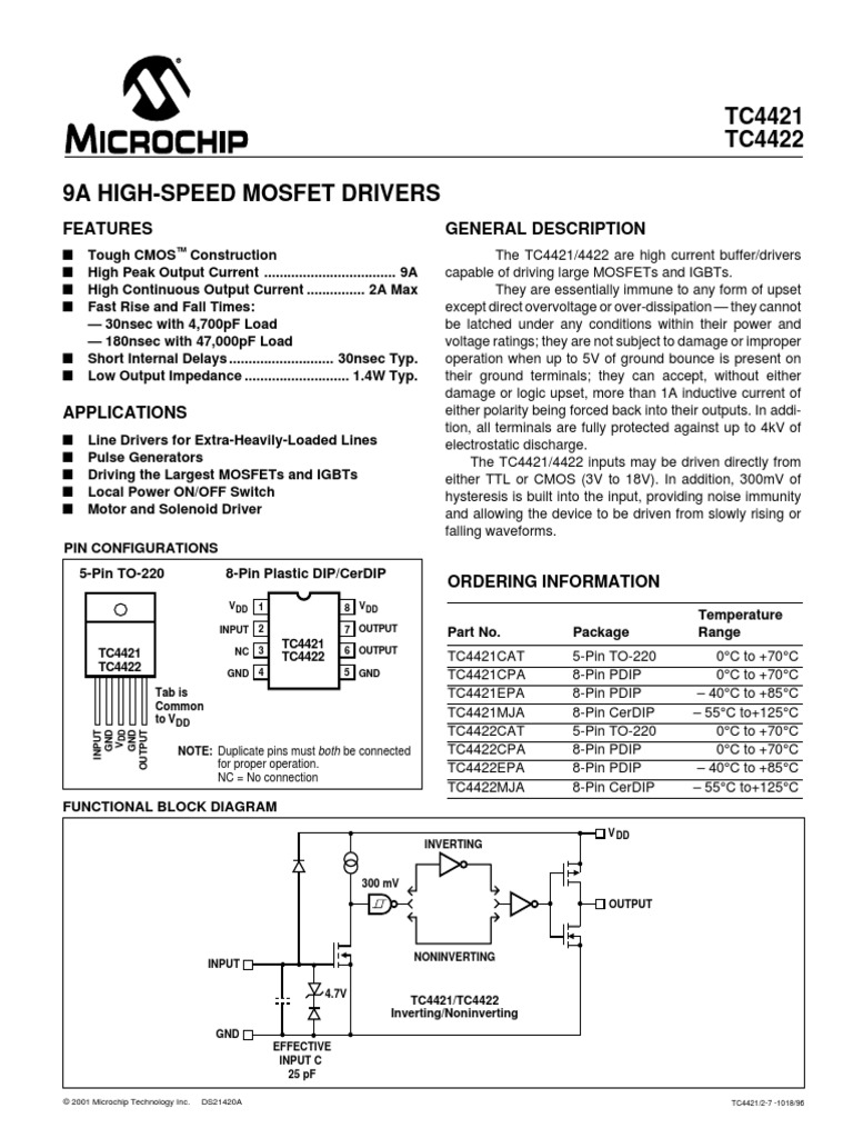 TC4421 TC4422 9A High-Speed Mosfet Drivers: Features General Description | PDF | Logic Gate ...