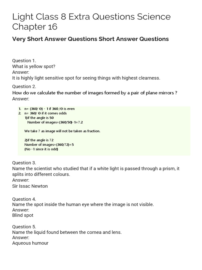 Class 8 Light Extra Questions Guide | PDF | Eye | Reflection (Physics)