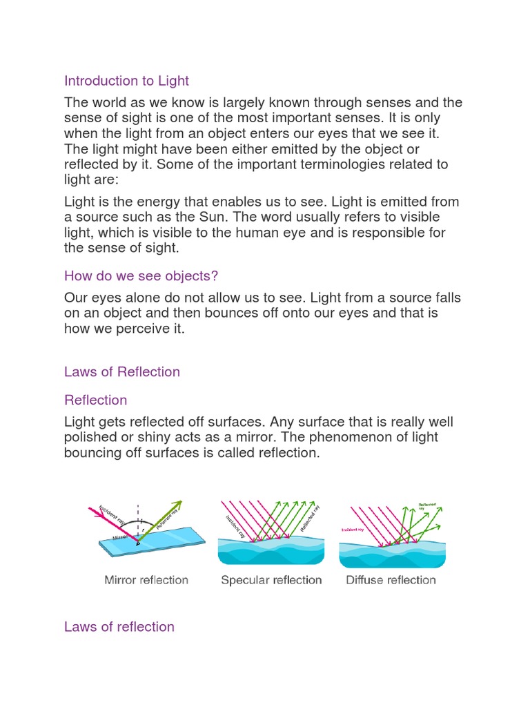 Introduction To Light (Notes) | PDF | Reflection (Physics) | Mirror