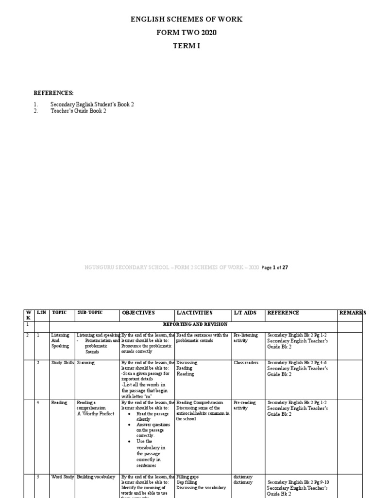 ENGLISH FORM 2 2020 v2 SCHEMES OF WORK | PDF | Reading Comprehension ...