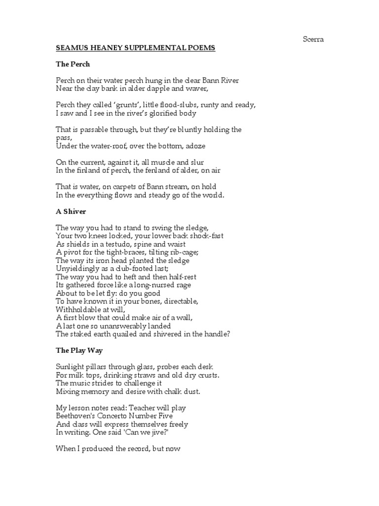 Seamus Heaney Supplemental Poems The Perch | Download Free PDF | Plough ...