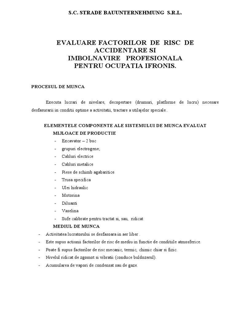 Evaluarea Riscurilor de Accidentare Si Imbolnavire Profesionala Pentru ...