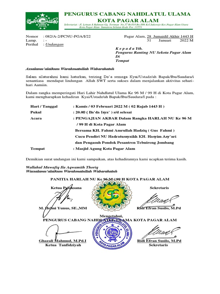 Undangan Ranting Nu Harlah Nu Pagar Alam | PDF