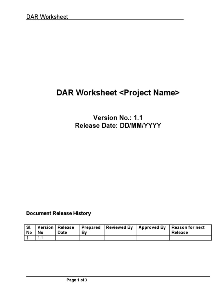 DAR Worksheet : Version No.: 1.1 Release Date: DD/MM/YYYY | PDF