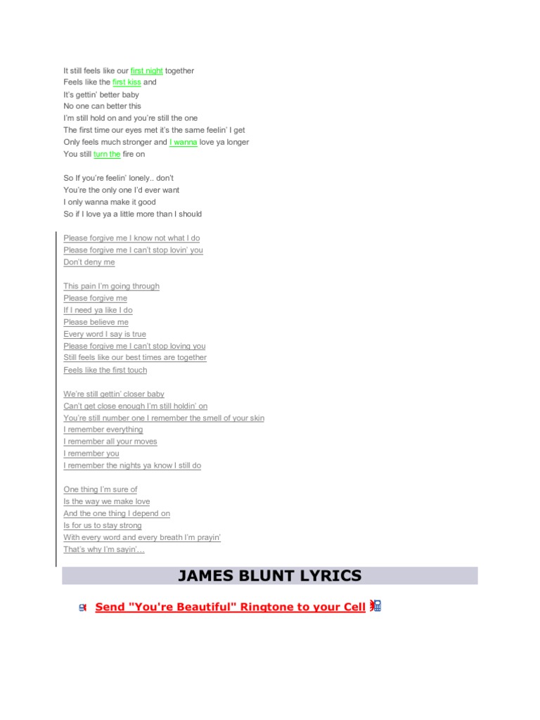 James Blunt Lyrics: Send "You're Beautiful" Ringtone To Your Cell | PDF ...