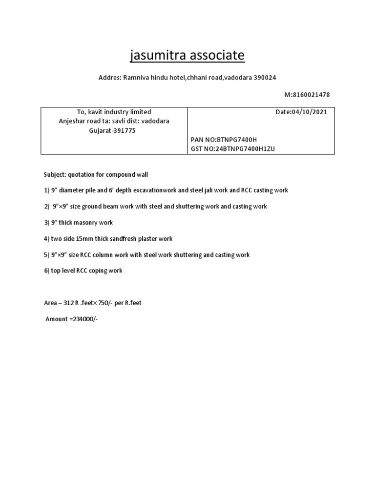 Compound Wall Quotation For Kavit Industry | PDF