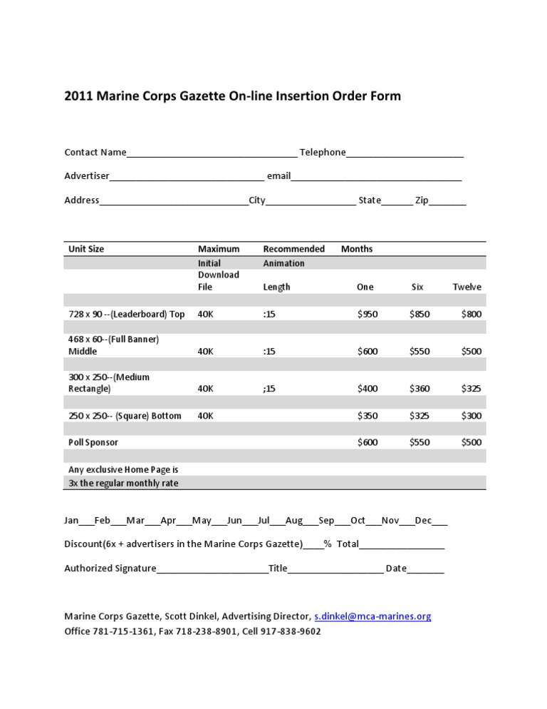 Marine Corps Gazette Ad Order Form | PDF