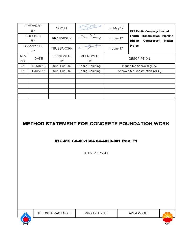Method Statement For Concrete Foundation Work | PDF | Concrete | Deep Foundation