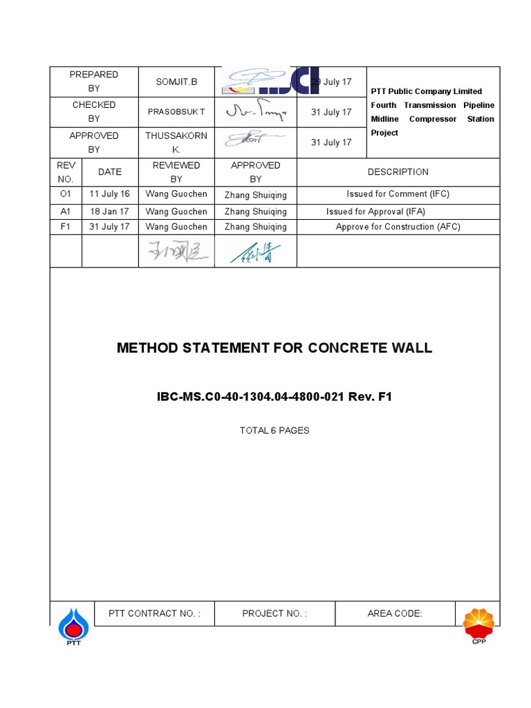 Method Statement For Concrete Wall | PDF | Concrete | Pipeline Transport