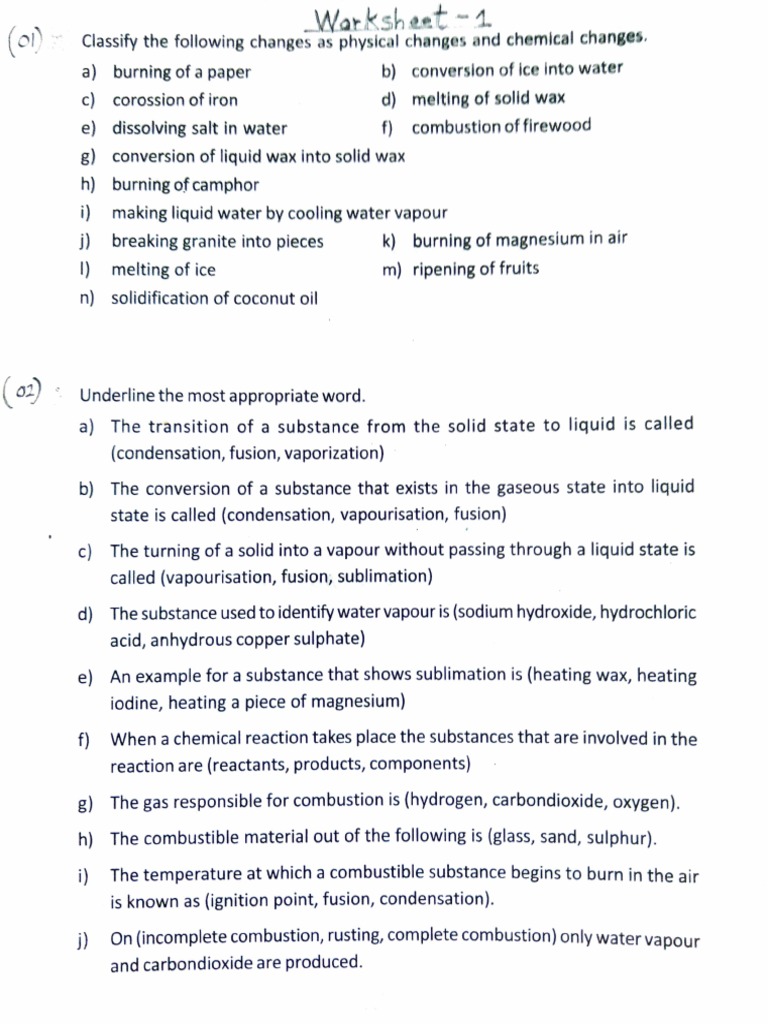 Changes in Matter Unit No 08 Worksheet 1 | PDF | Combustion | Water