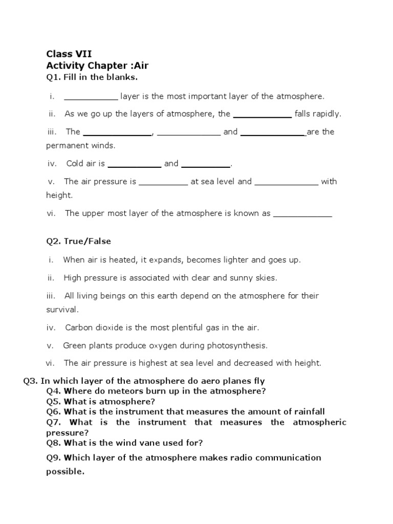 Class VII Activity Chapter:Air | PDF | Atmosphere Of Earth | Atmosphere