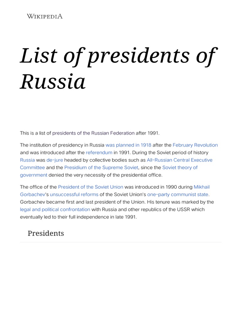 List of Presidents of Russia | PDF | World Politics | Vladimir Putin