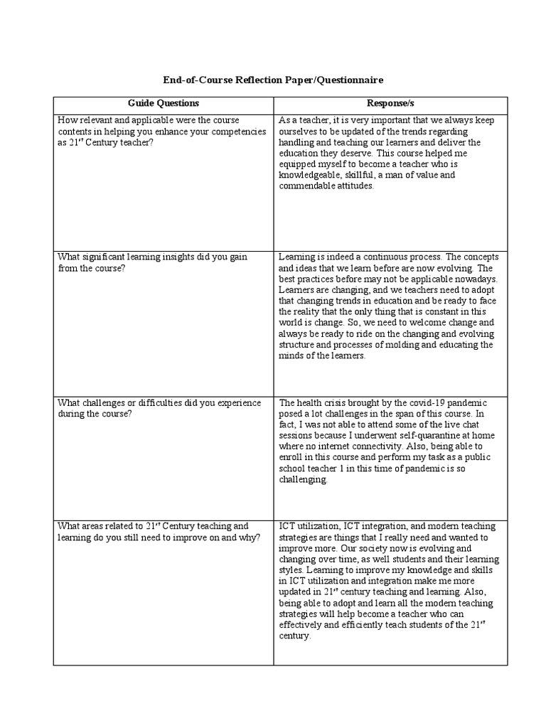 End-of-Course Reflection Paper/Questionnaire: Guide Questions Response ...