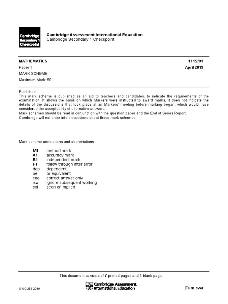 Cambridge Secondary Checkpoint - Mathematics (1112) April 2019 Paper 1 ...
