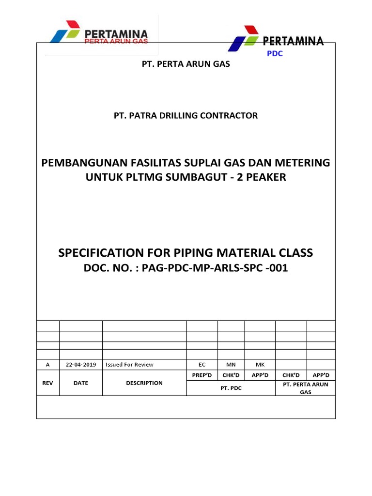 PAG PDC MP ARLS SPC 001 Specification For Piping Material Class REV.a ...