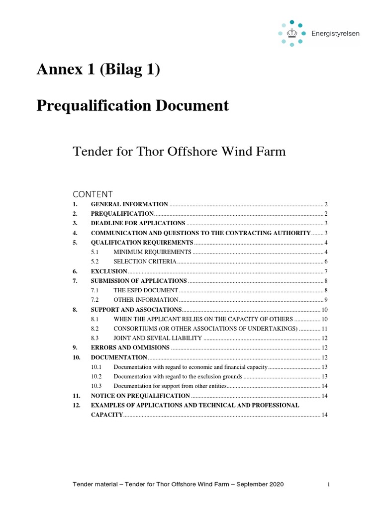 Annex 1 (Bilag 1) - Prequalification Document | PDF | Wind Power | Offshore Wind Power