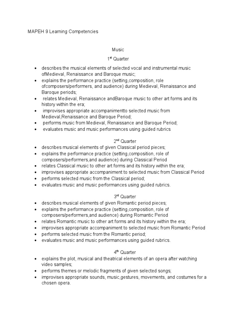 MAPEH 9 Learning Competencies | PDF | Substance Abuse | Classical Period (Music)