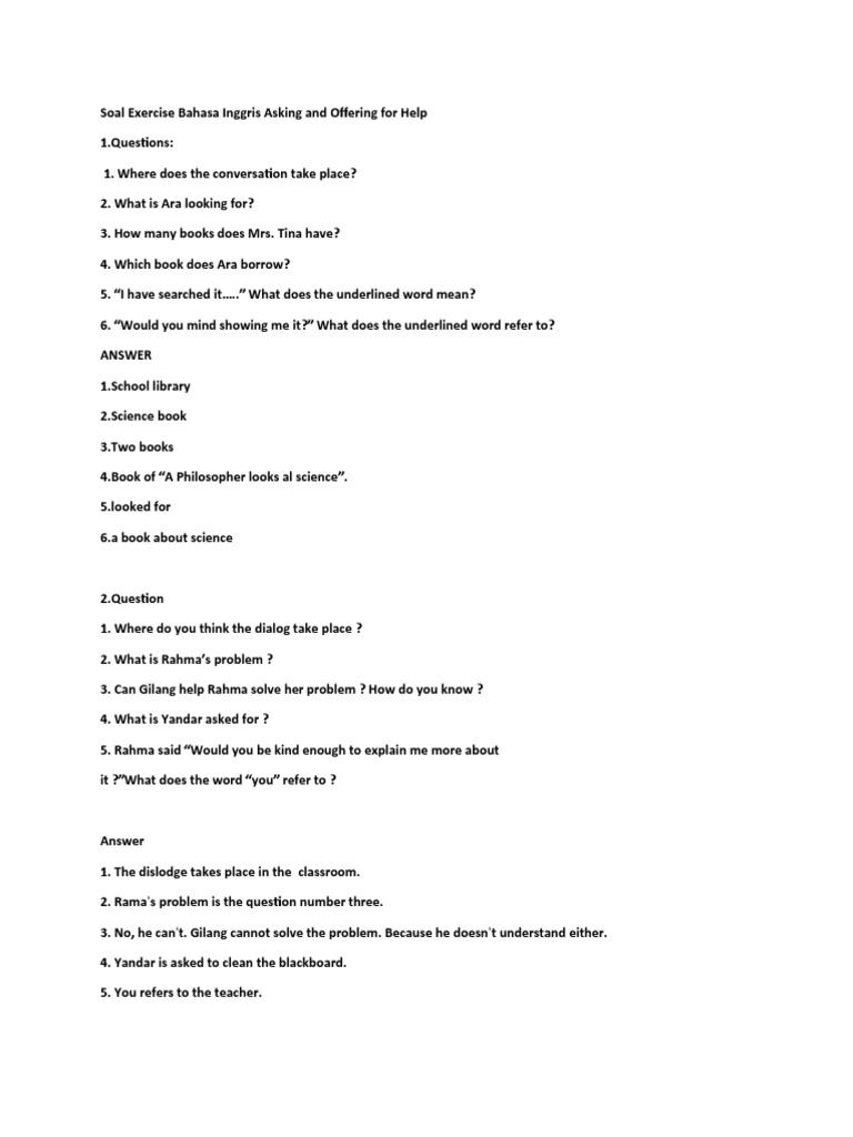 Soal Exercise Bahasa Inggris Asking and Offering For Help | PDF
