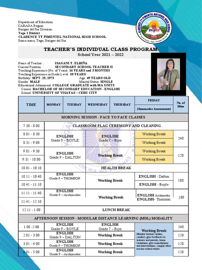 Teacher'S Individual Class Program: School Year 2021 - 2022 | PDF | Teachers | Cognition
