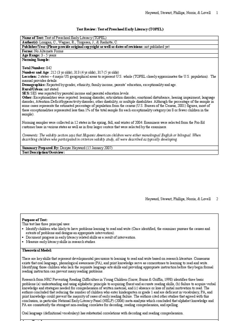 Test of Preschool Early Literacy (TOPEL) | PDF | Literacy | Vocabulary