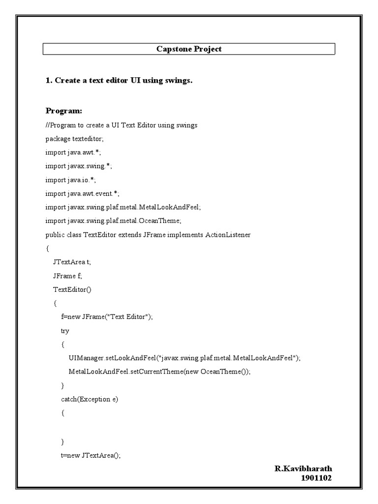 Capstone Project 1. Create A Text Editor UI Using Swings. Program | PDF ...